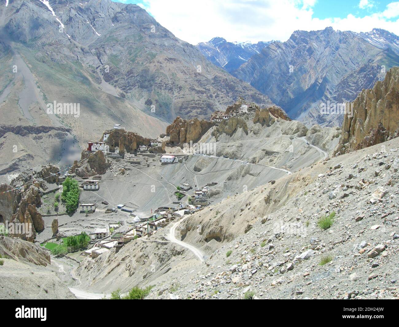 Aerial alpine background with dwellings seen while trekking the Spiti ...