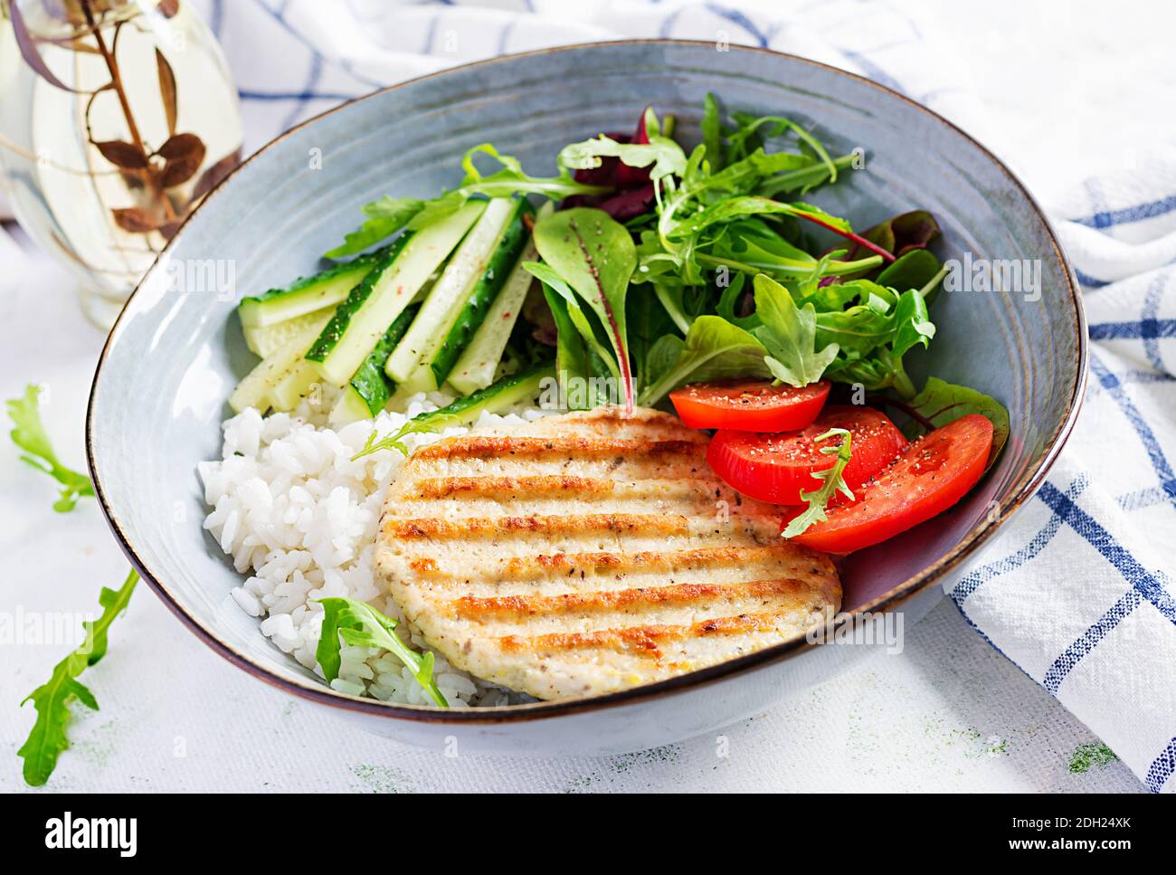 Chicken schnitzel or cutlet, poultry meat grilled and boiled white rice ...