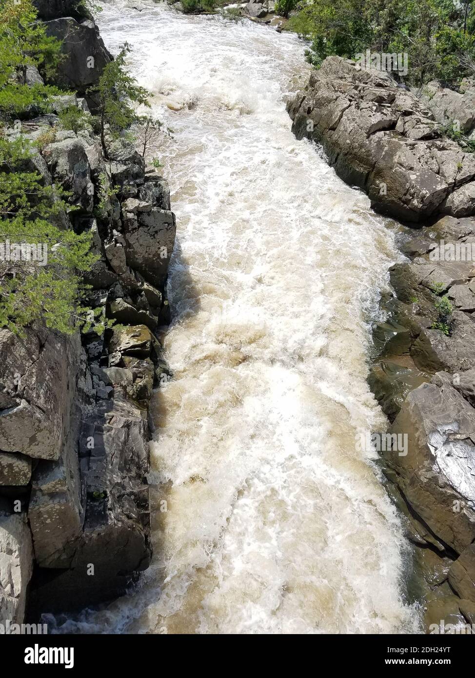 The Potomac river rushing waters swollen by heavy rains, at the Great ...
