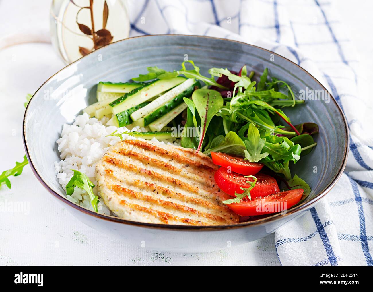 Chicken schnitzel or cutlet, poultry meat grilled and boiled white rice ...