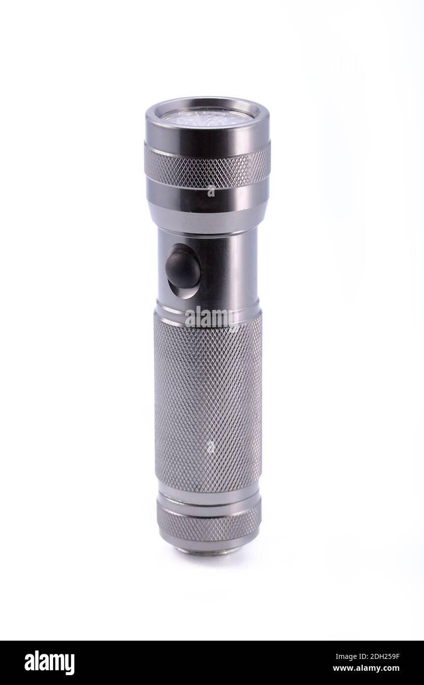 Light aluminium flashlight on a white background Stock Photo - Alamy