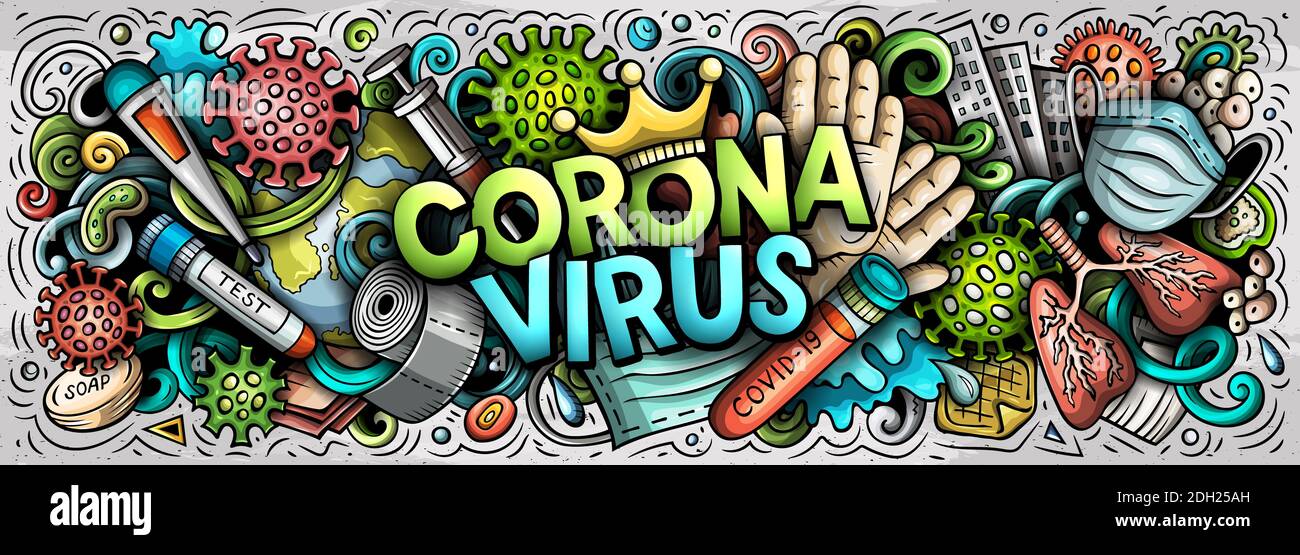 Coronavirus hand drawn cartoon doodles illustration. Quarantine objects ...
