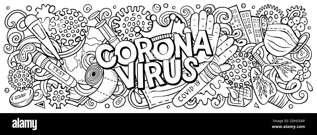 Coronavirus hand drawn cartoon doodles illustration. Quarantine objects ...