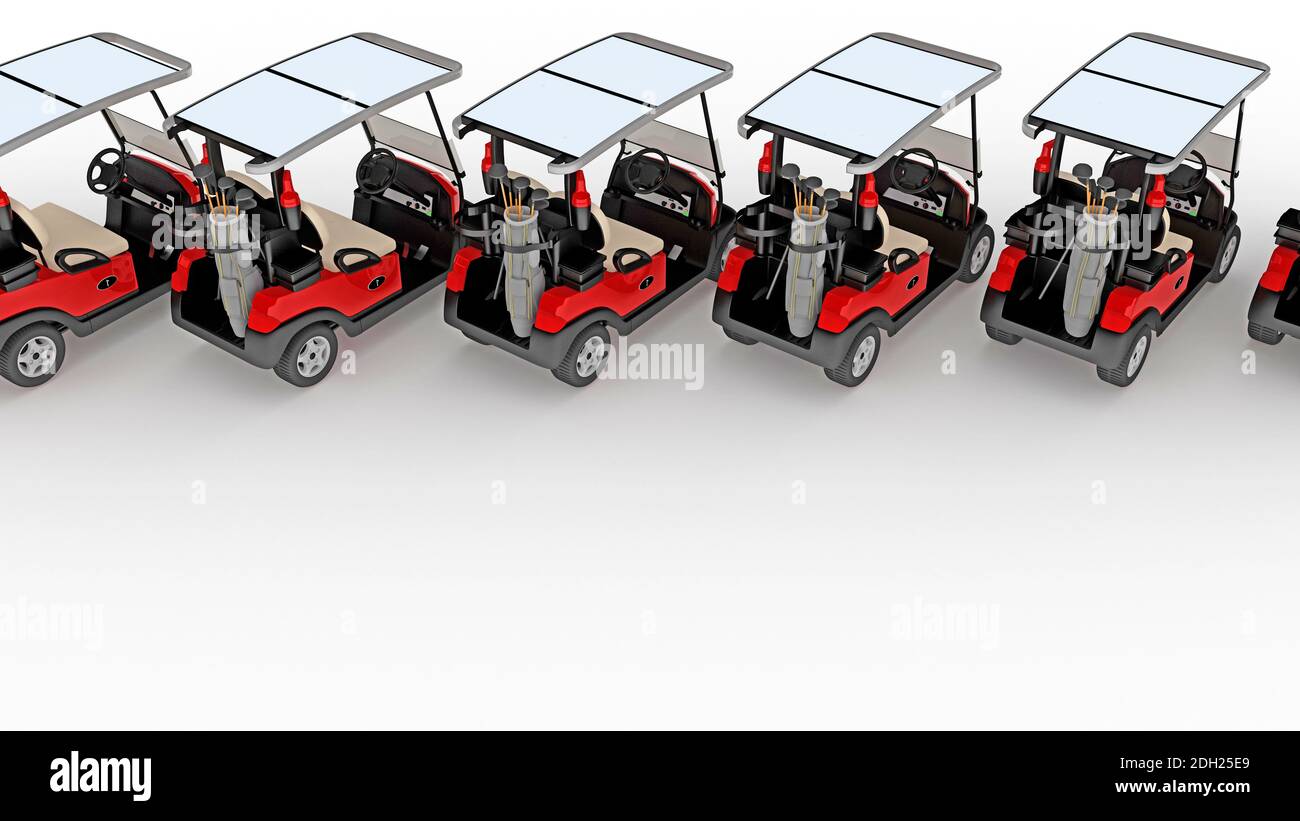 row of golf cars back view. 3d rendering Stock Photo - Alamy