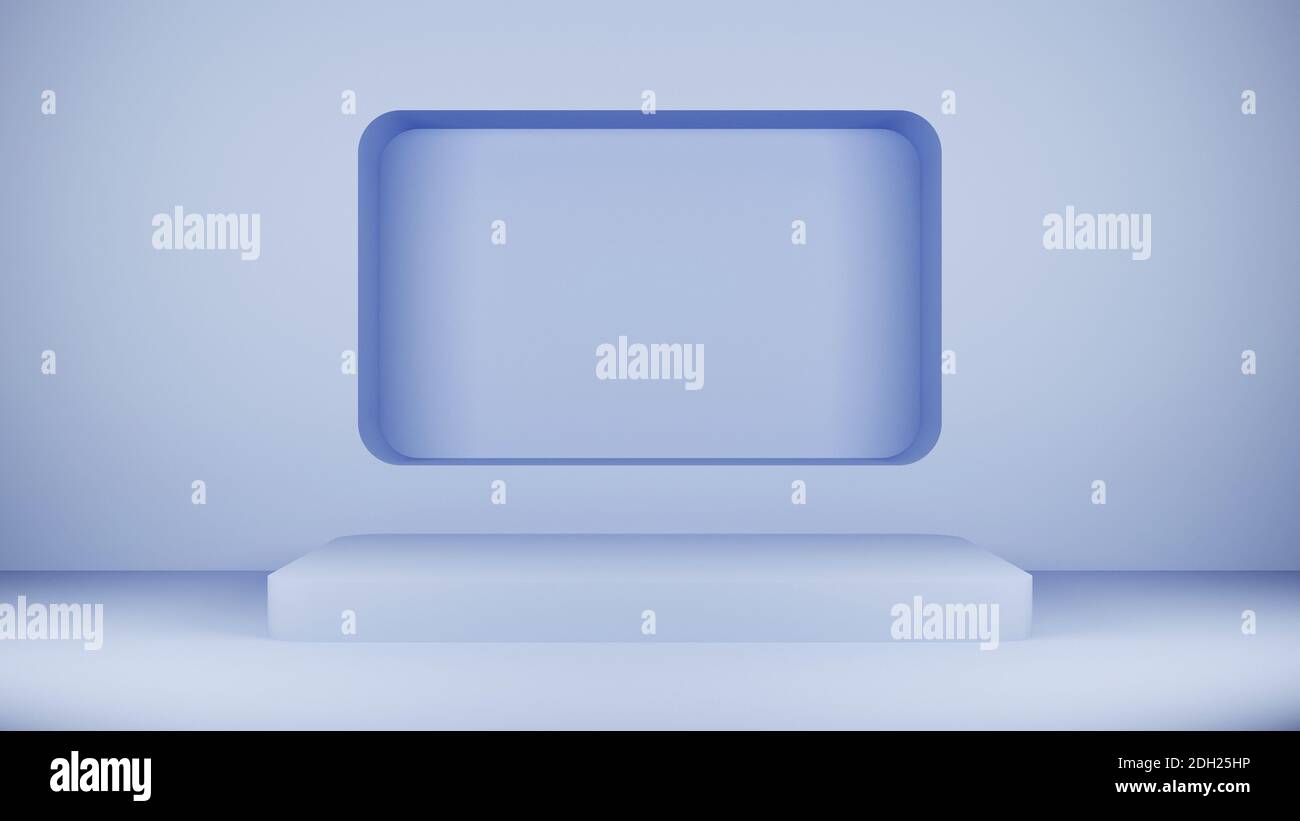 rectangle with rounded corners in the blue wall and pedestal. 3d ...