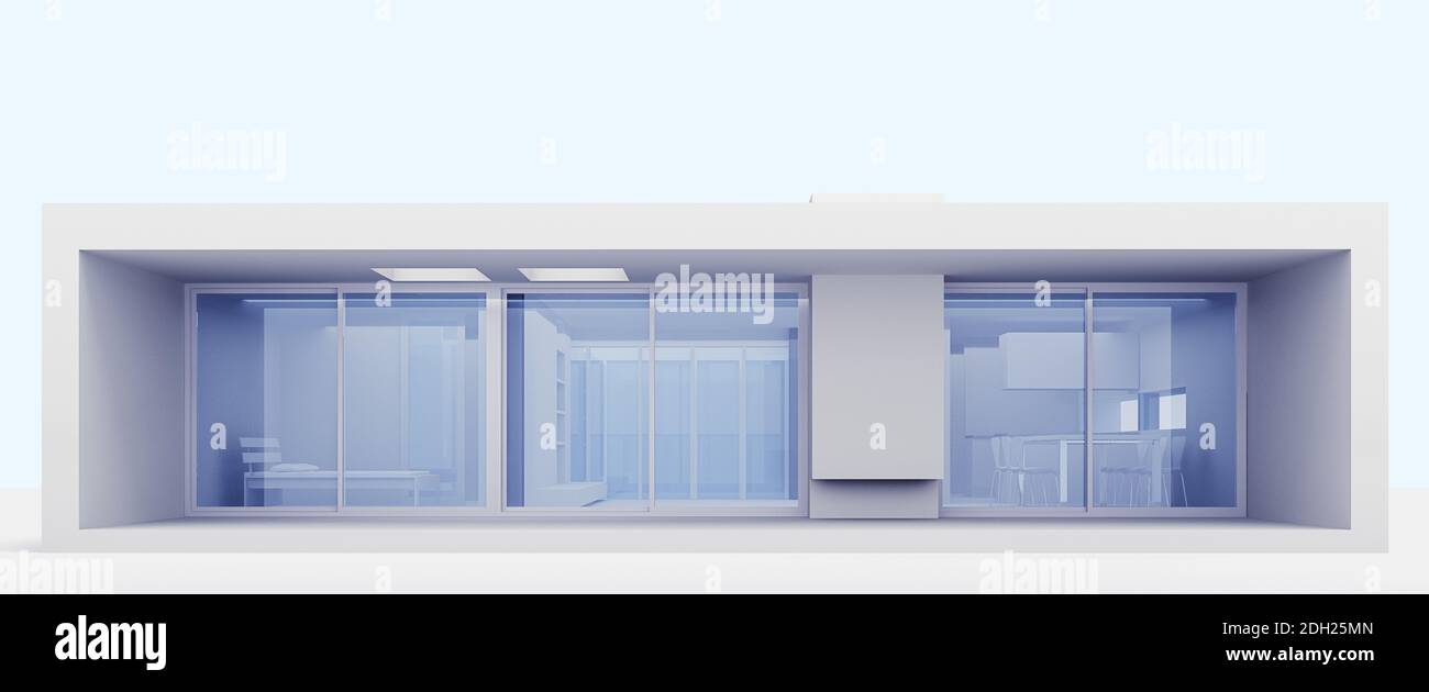 frontal view of a one-storey modern house with panoramic transparent ...