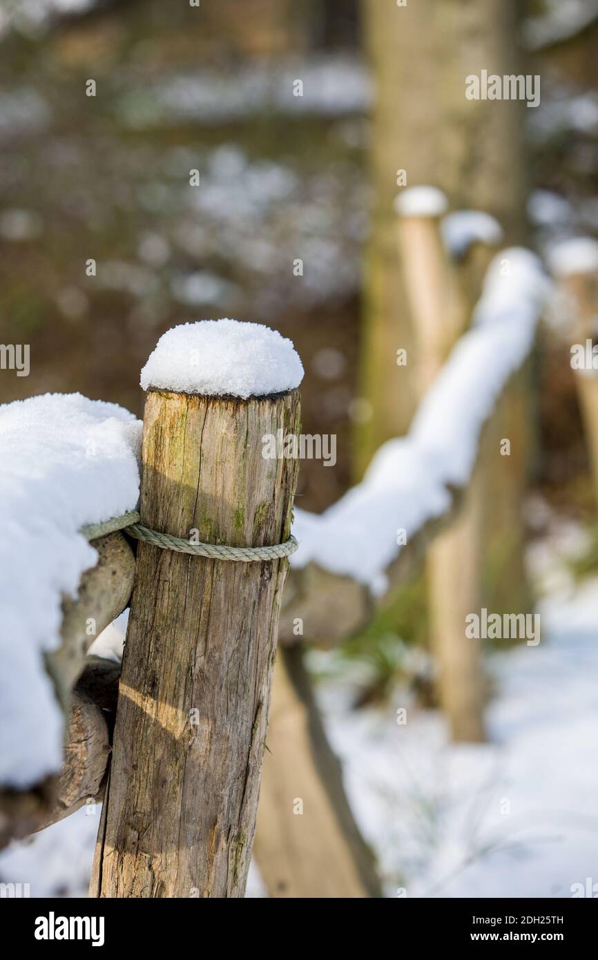 Snow covered fence post in winter Stock Photo - Alamy