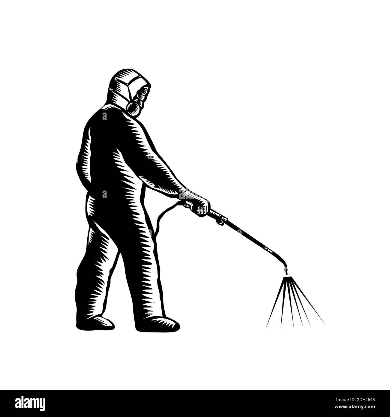 Essential Worker Wearing PPE Spraying Disinfectant Woodcut Stock Photo ...