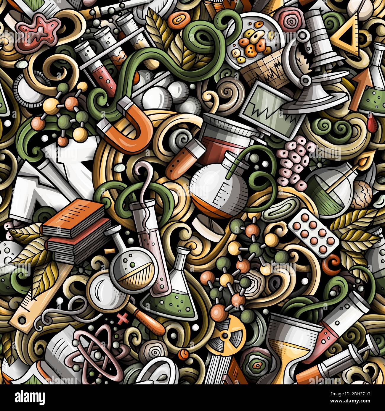Science hand drawn doodles seamless pattern. Lab equipment background ...