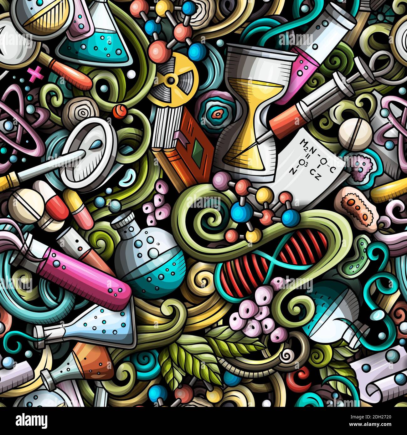 Science hand drawn doodles seamless pattern. Lab equipment background ...