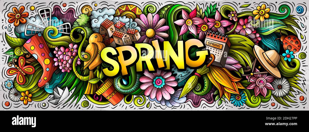 Spring hand drawn cartoon doodles illustration. Seasonal funny objects ...