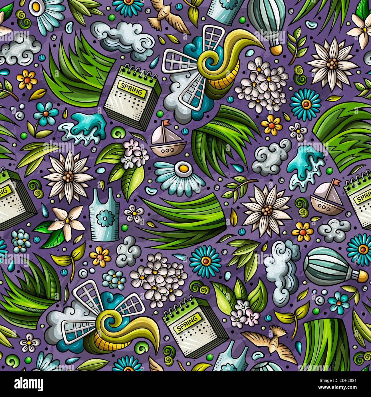 Cartoon cute hand drawn Spring seamless pattern. Colorful detailed ...