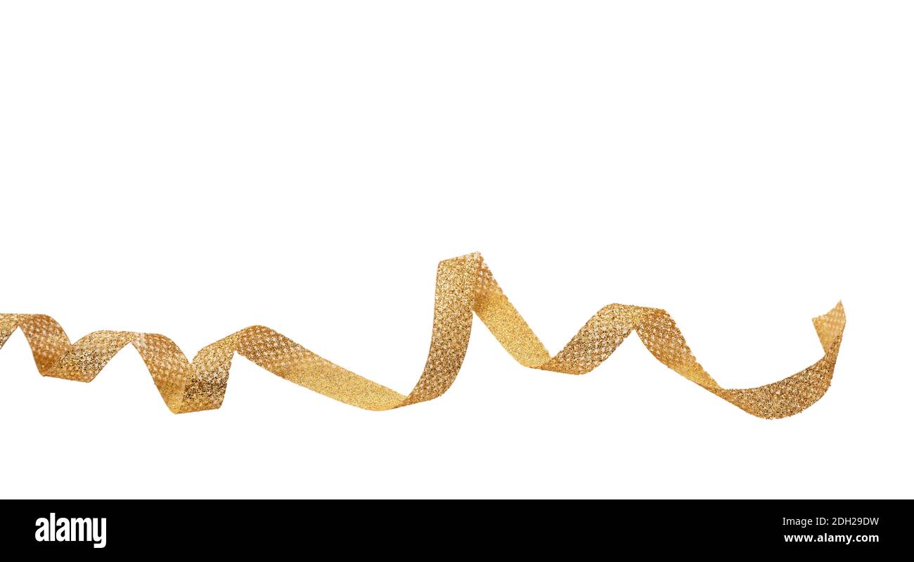 Golden wavy ribbon isolated cutout on white background, glossy curly ...
