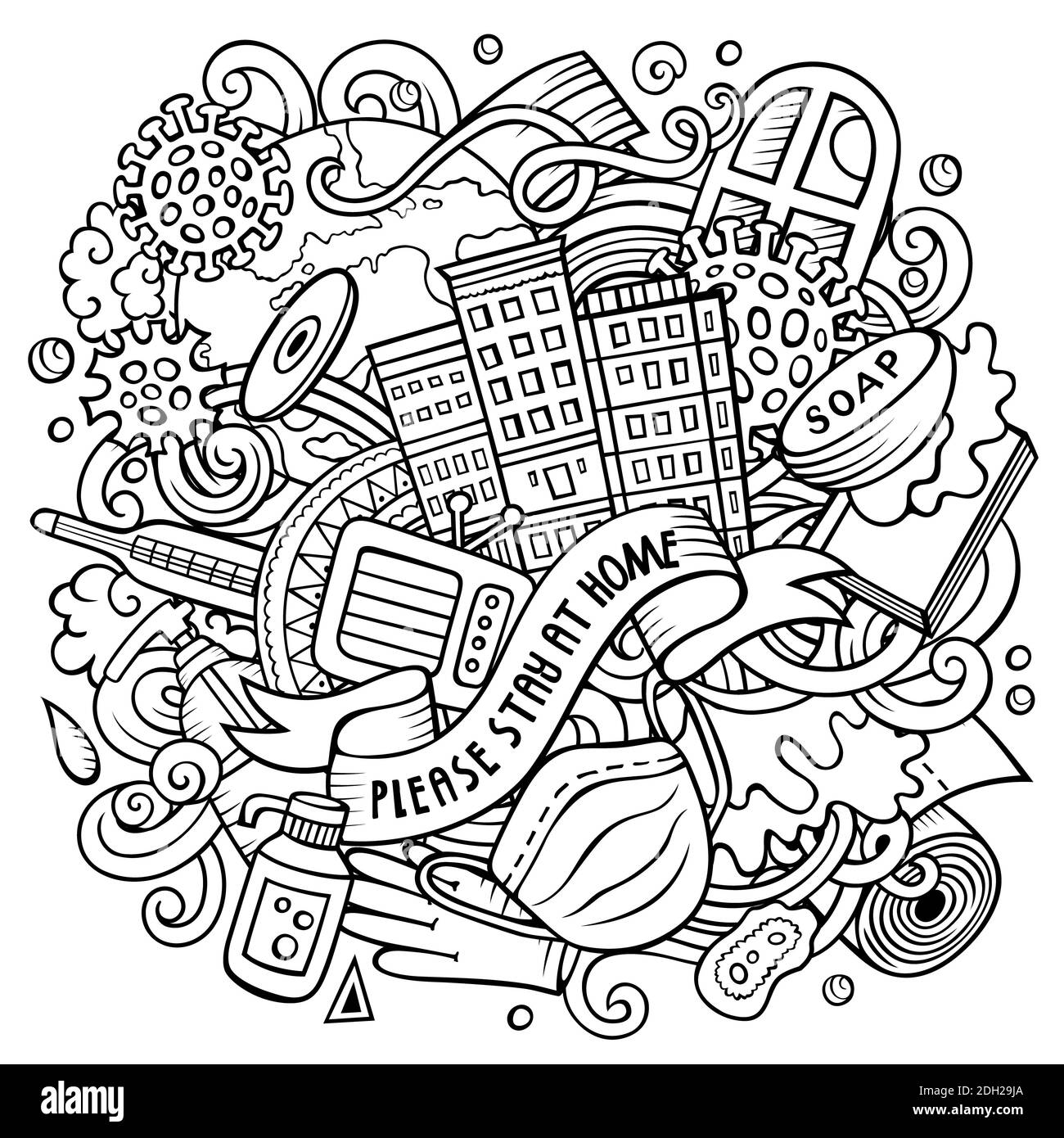 Cartoon raster doodles Please, Stay at Home illustration. Line art ...