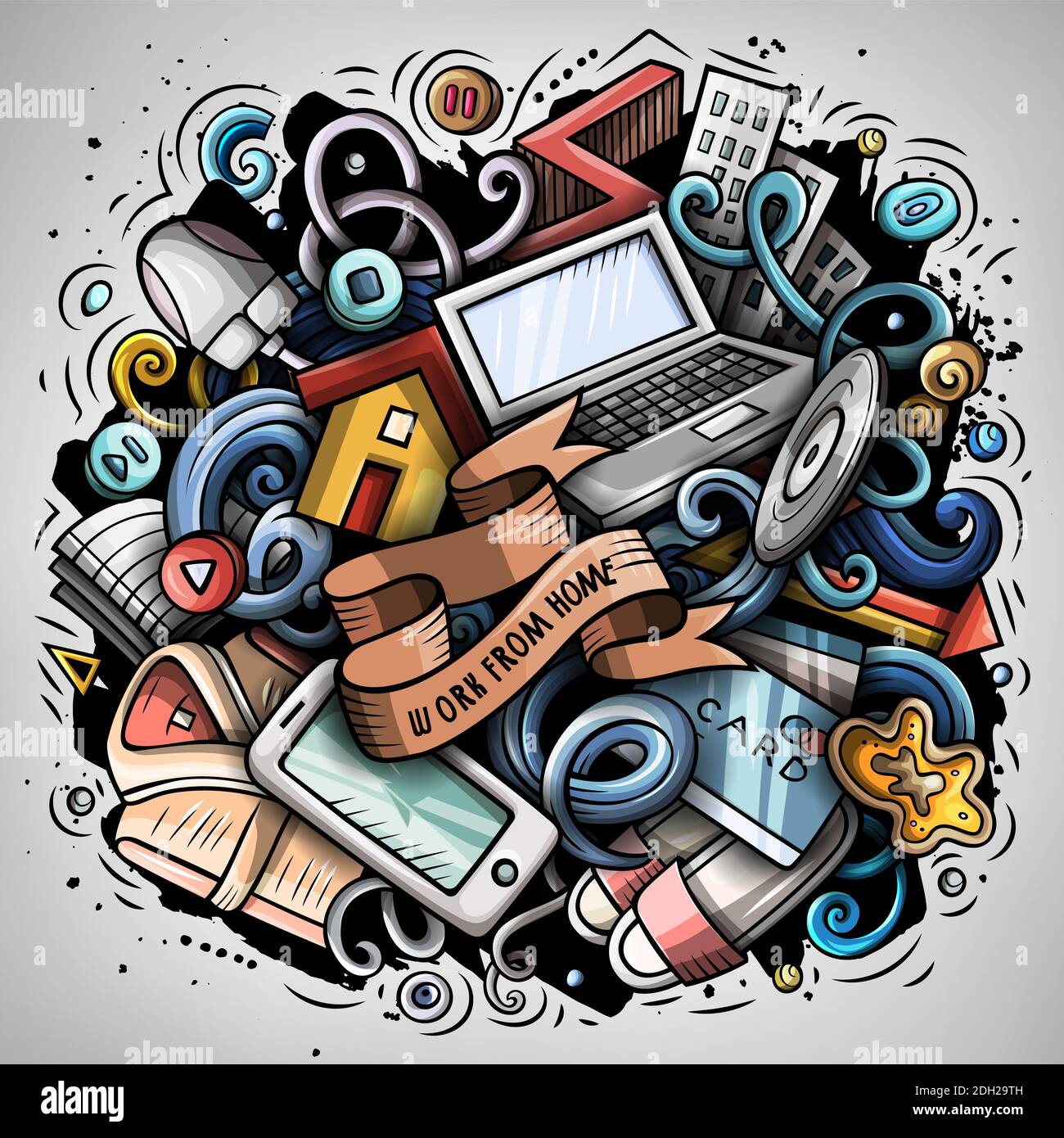 Cartoon raster doodles Work from Home illustration. Colorful, detailed ...