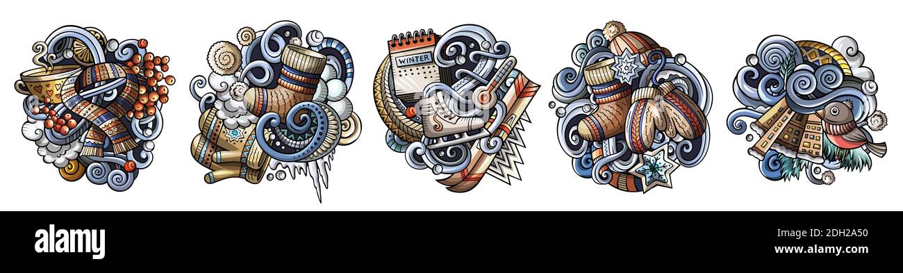 Winter cartoon raster doodle designs set. Colorful detailed ...