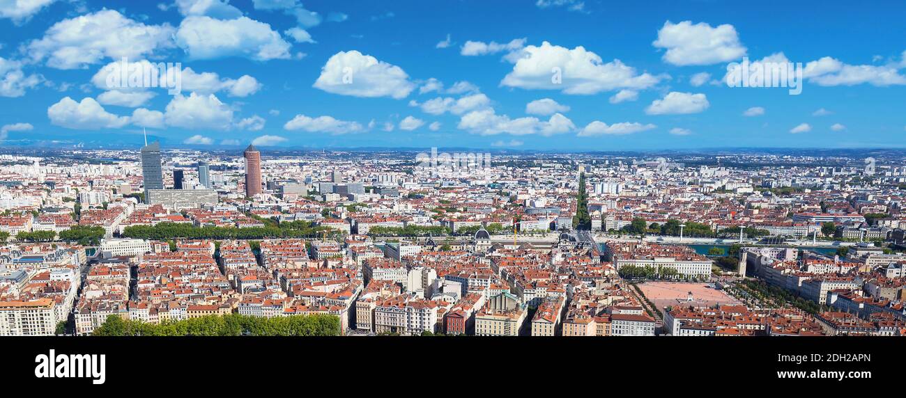 Aerial view of Lyon from the top of Notre Dame de Fourviere, France ...