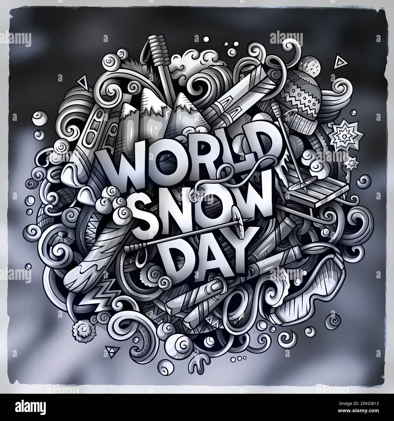 World Snow Day hand drawn cartoon doodles illustration. Funny objects ...