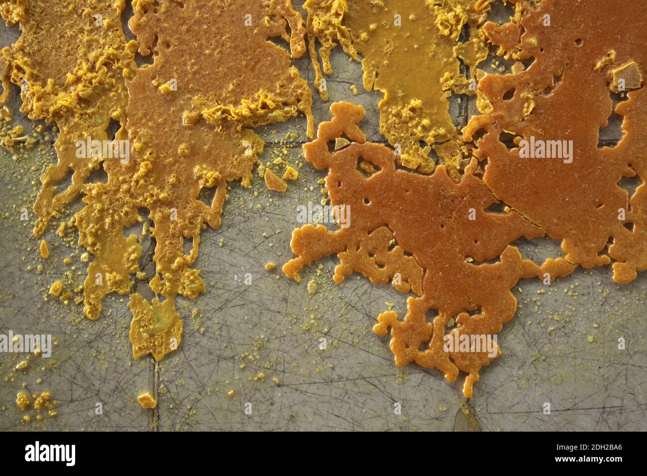 Molten and filtered sulphur being cooled on the ceramic floor at the ...