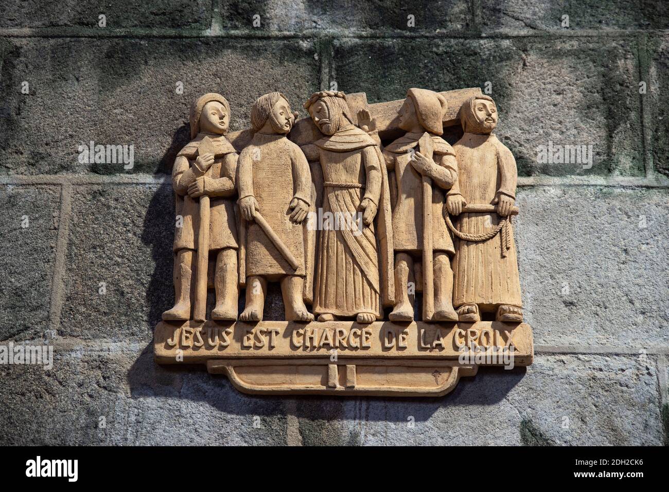 Sculpture of a religious scene in a church in France with the writing ...