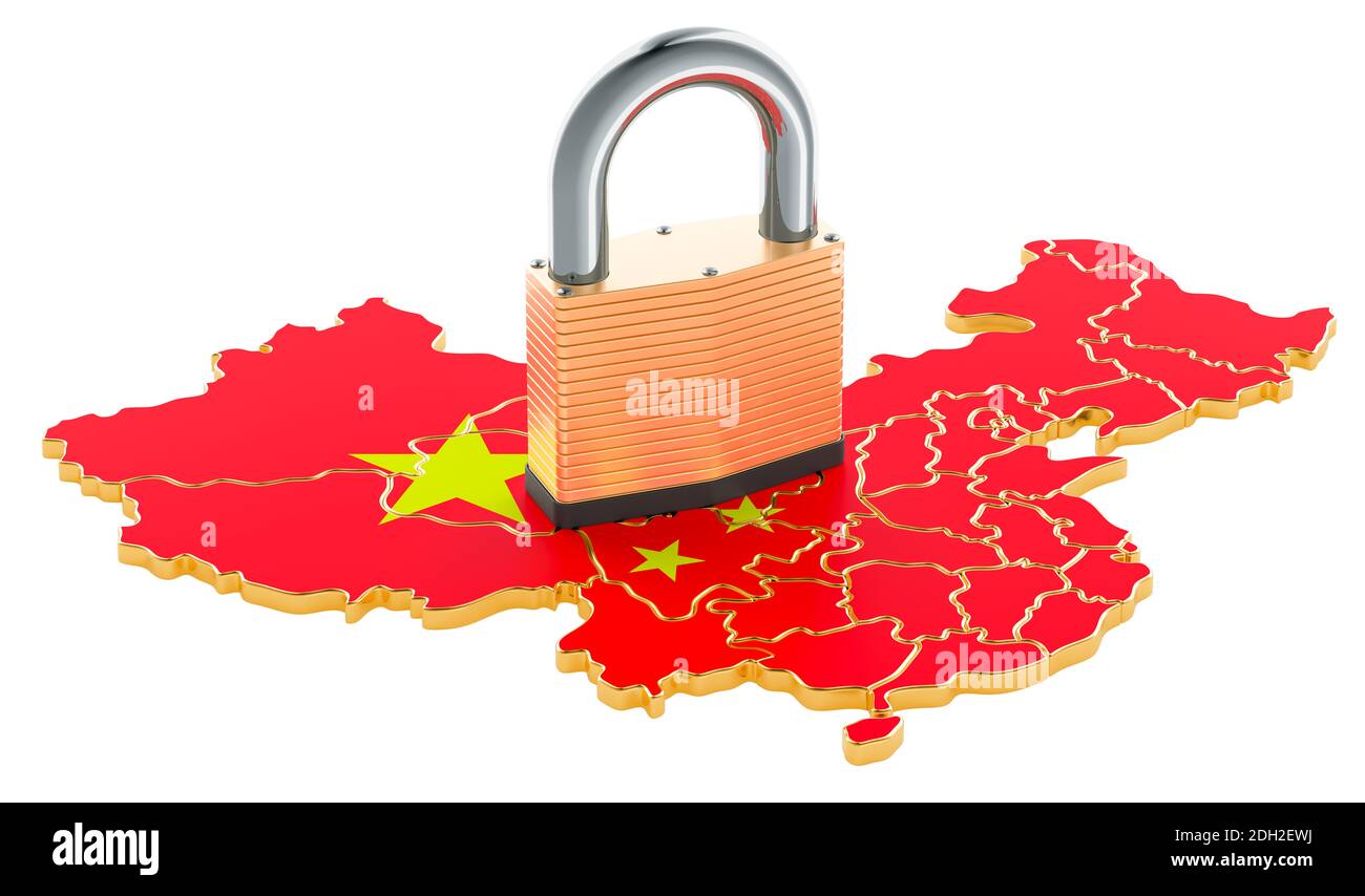 Lockdown in China. Padlock with map, border protection concept. 3D ...