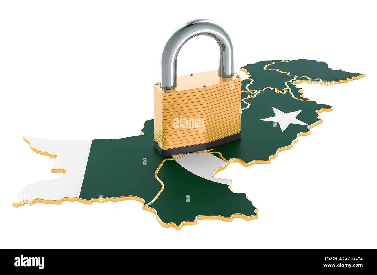 Lockdown in Pakistan. Padlock with map, border protection concept. 3D ...