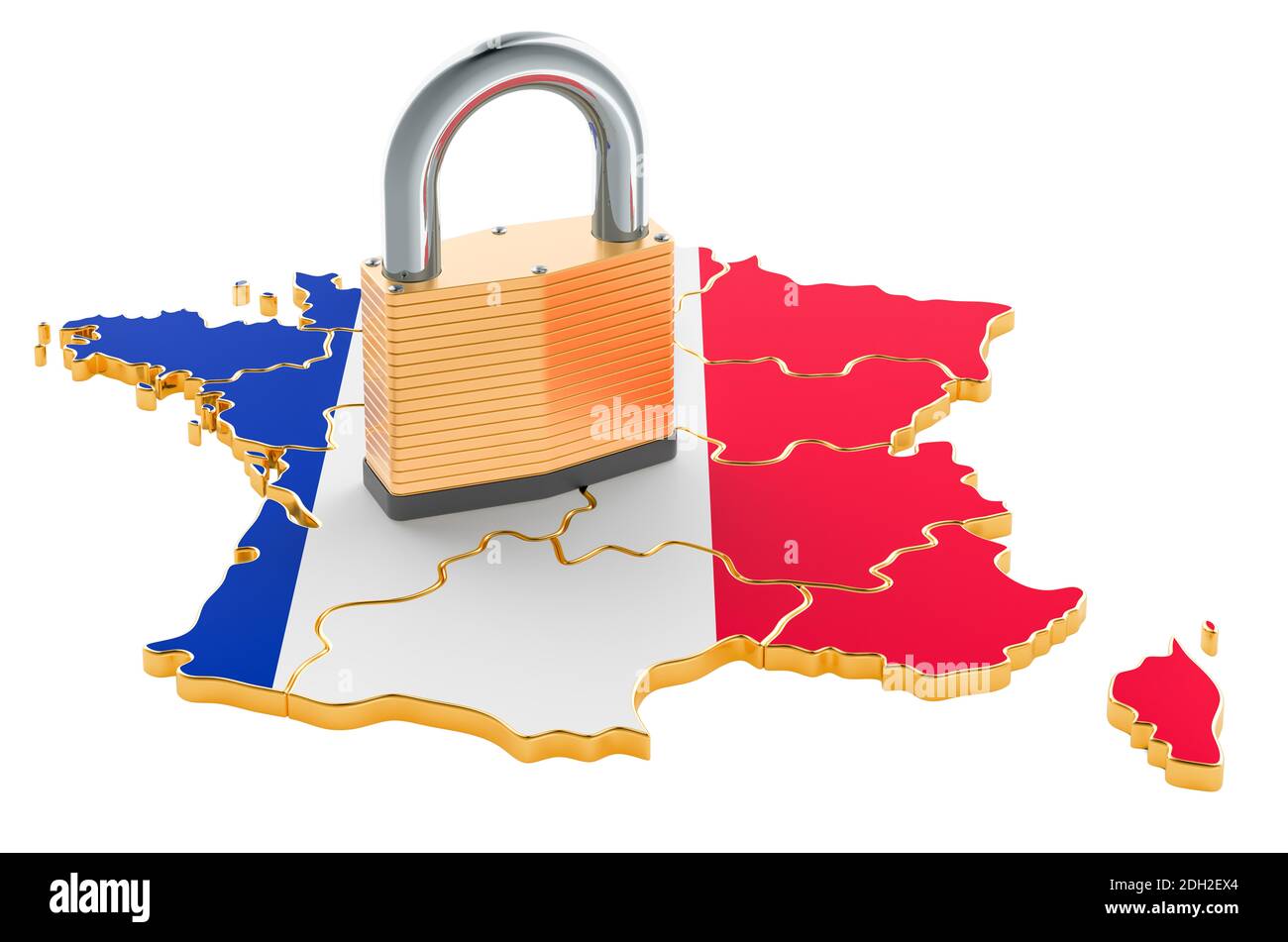 Lockdown in France. Padlock with map, border protection concept. 3D ...