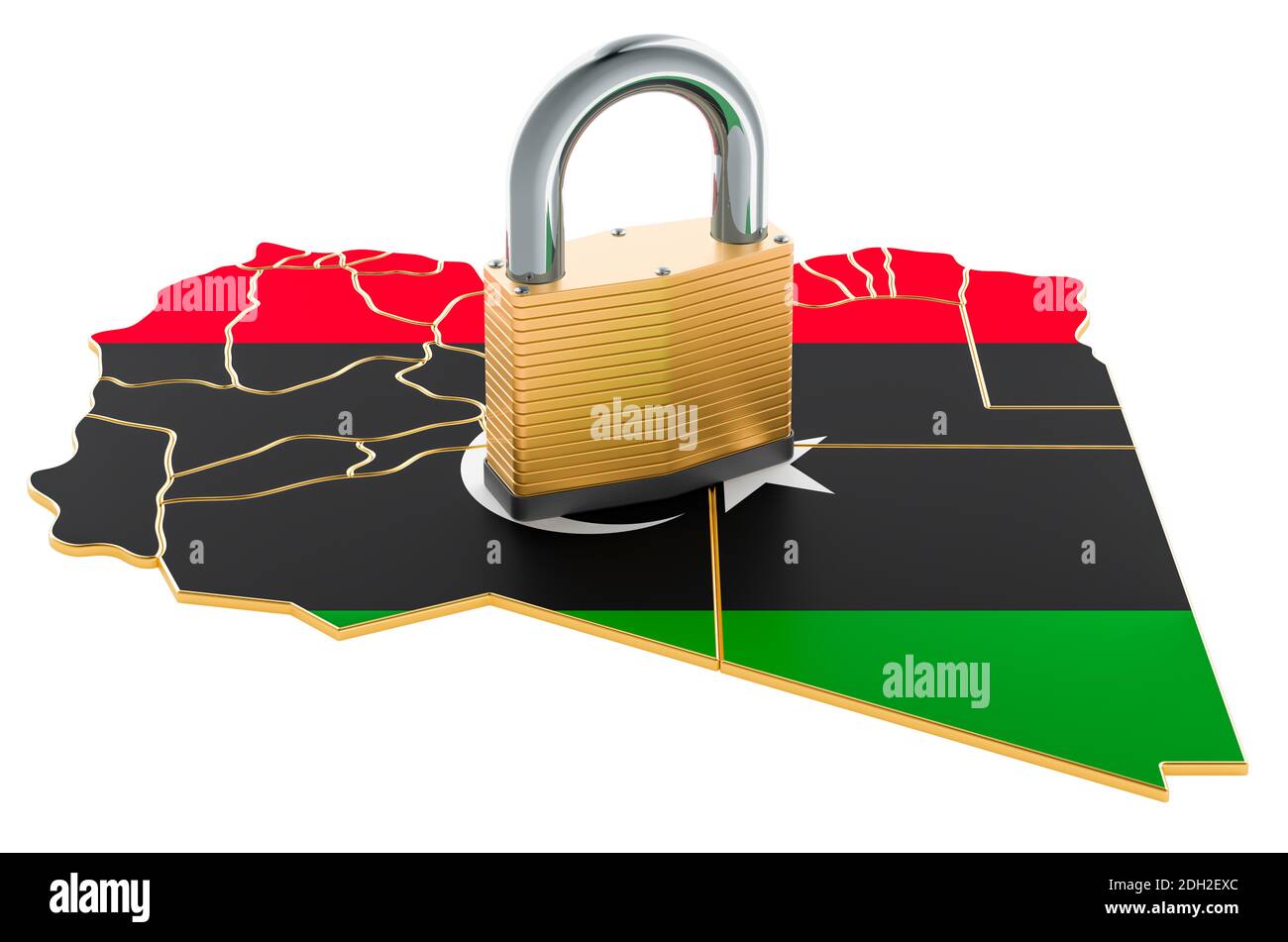 Lockdown in Libya. Padlock with map, border protection concept. 3D ...