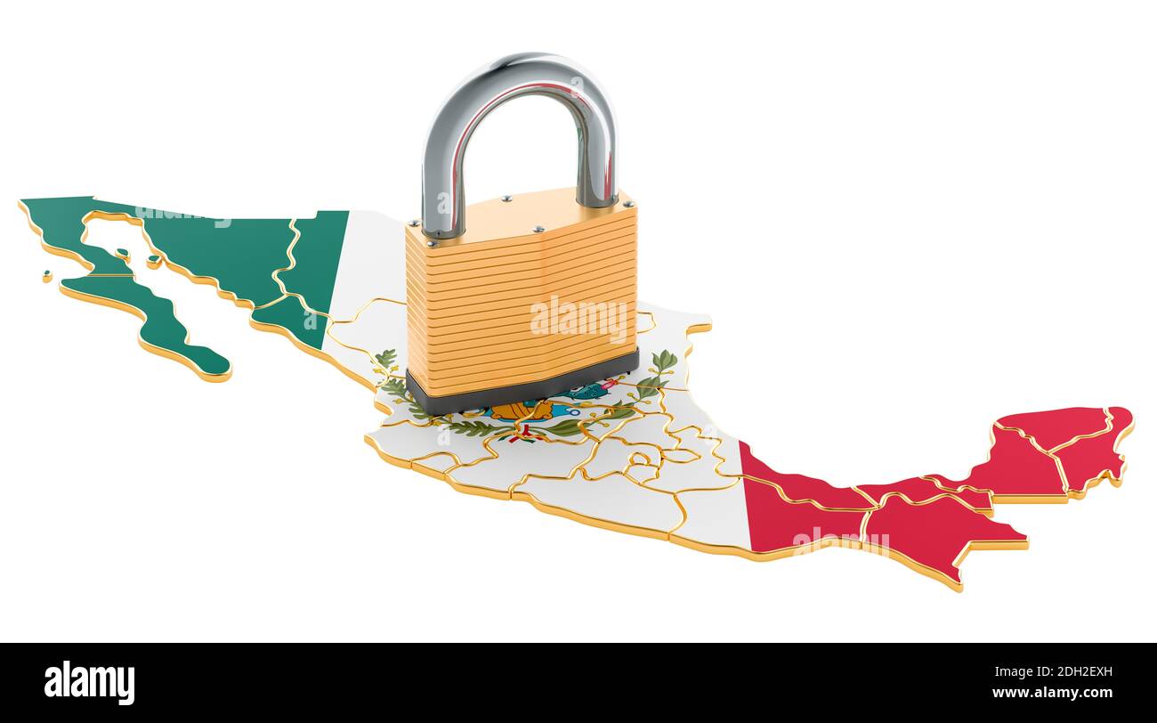 Lockdown in Mexico. Padlock with map, border protection concept. 3D rendering isolated on white ...