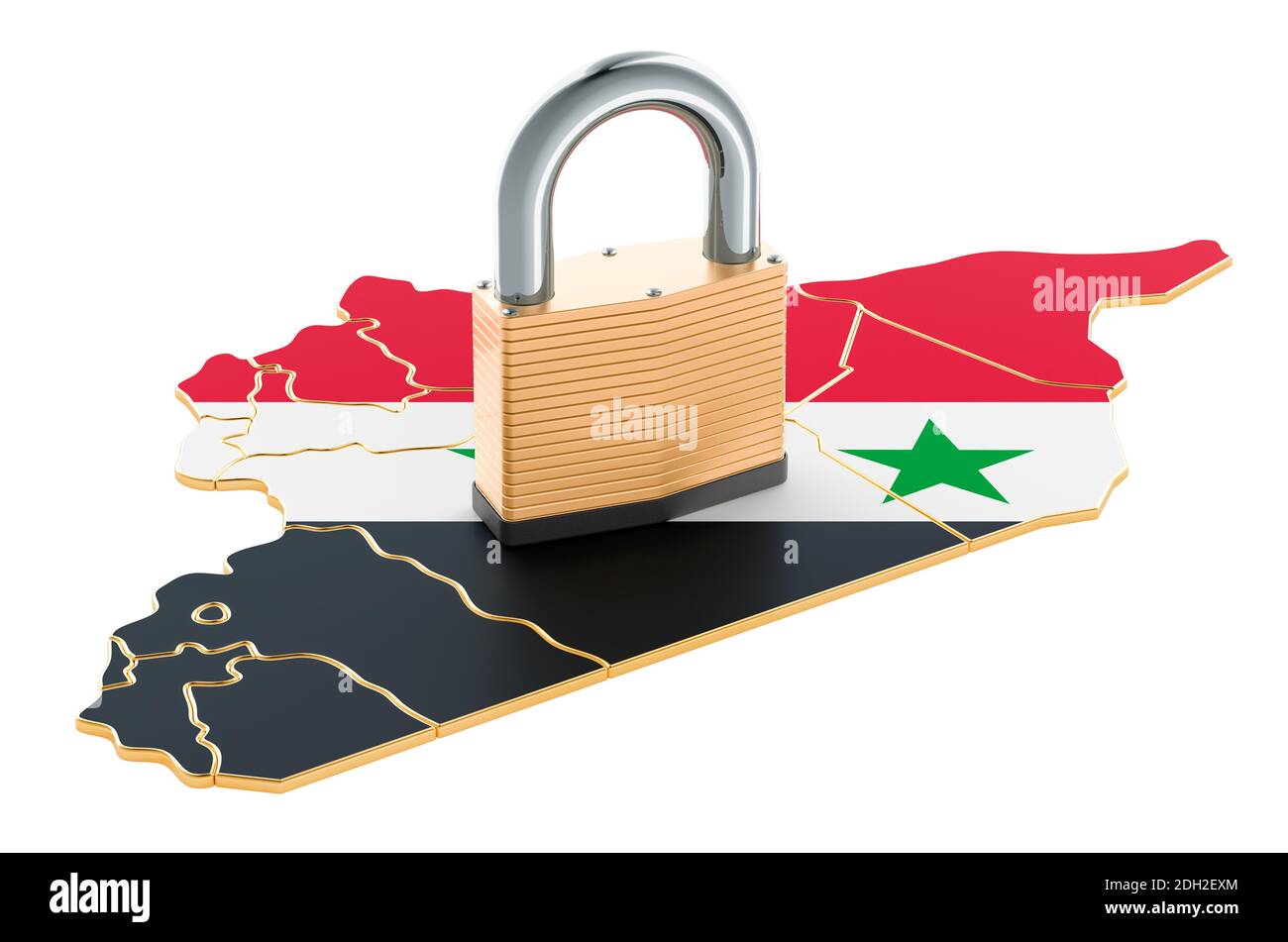 Lockdown in Syria. Padlock with map, border protection concept. 3D ...