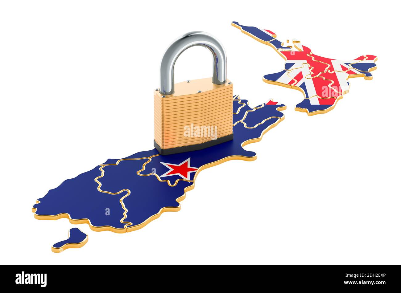 Lockdown in New Zealand. Padlock with map, border protection concept ...