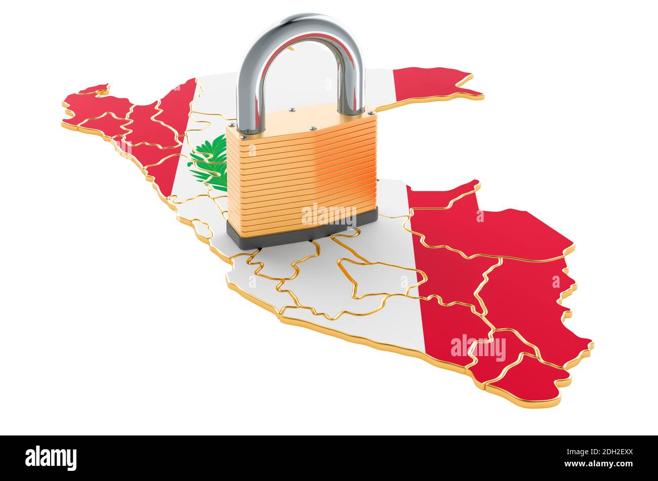 Lockdown in Peru. Padlock with map, border protection concept. 3D ...