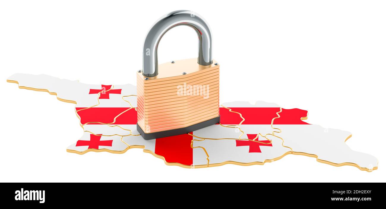 Lockdown in Georgia. Padlock with map, border protection concept. 3D ...