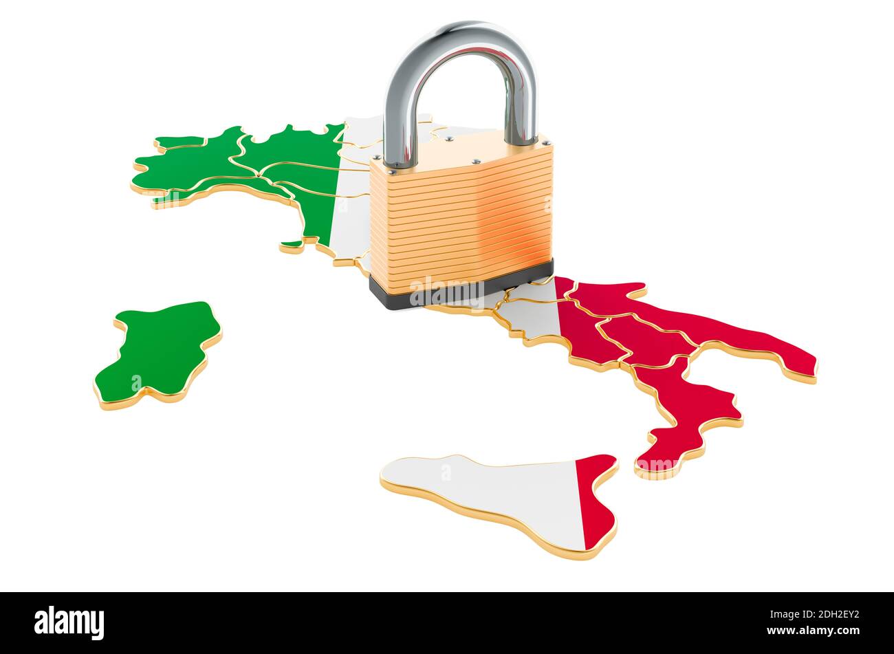 Lockdown in Italy. Padlock with map, border protection concept. 3D ...