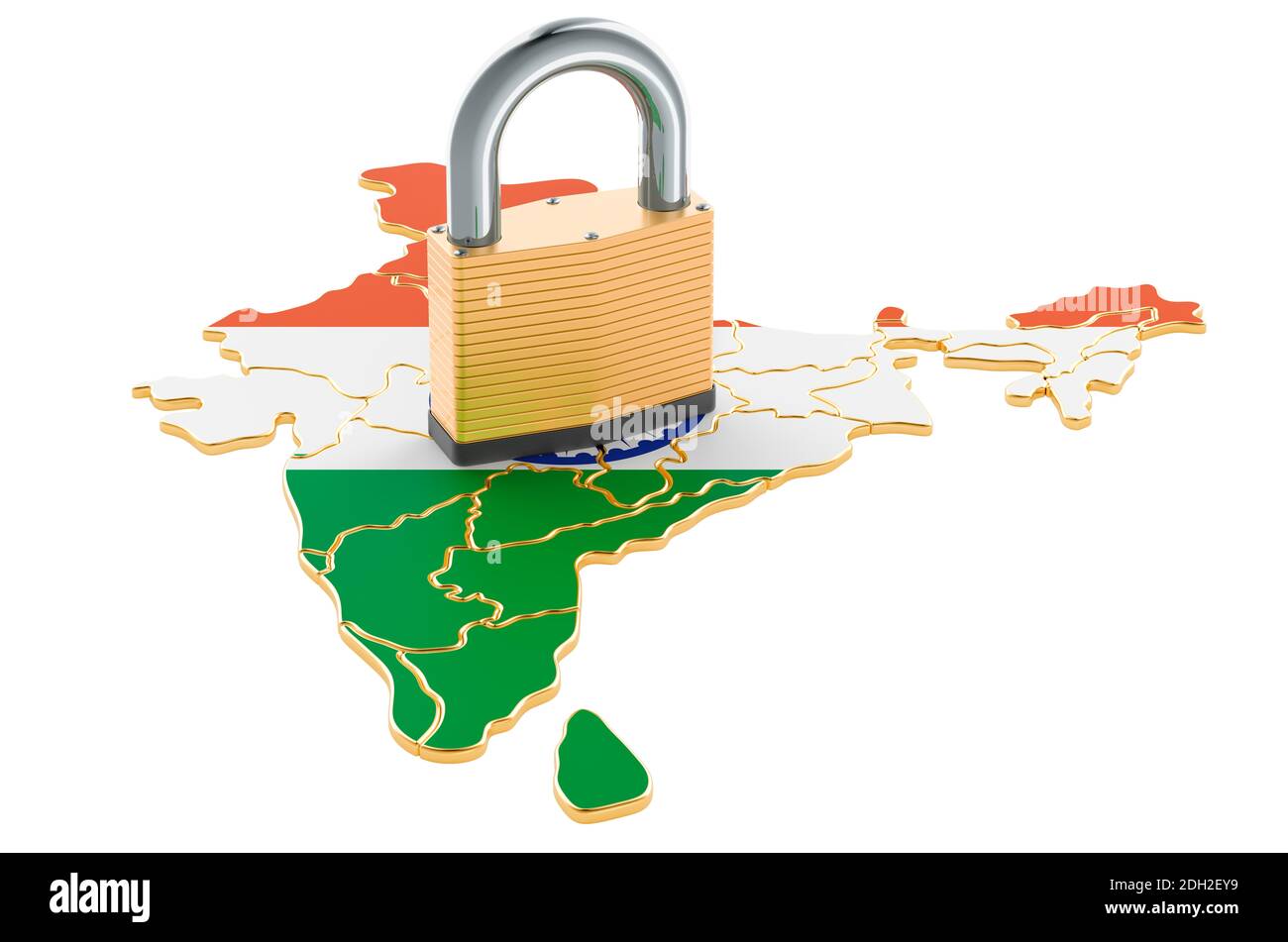 Lockdown in India. Padlock with map, border protection concept. 3D ...