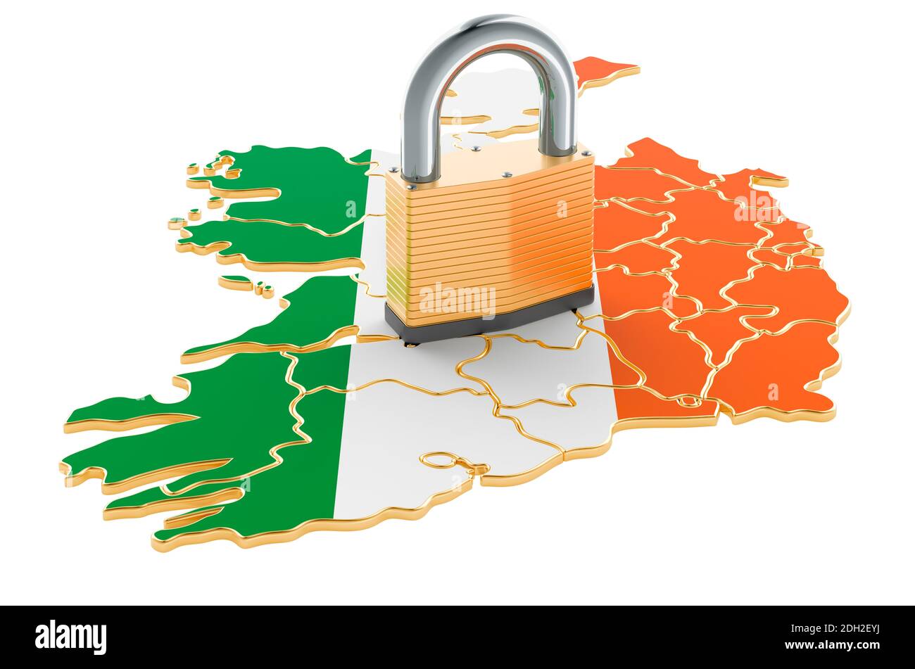 Lockdown in Ireland. Padlock with map, border protection concept. 3D ...