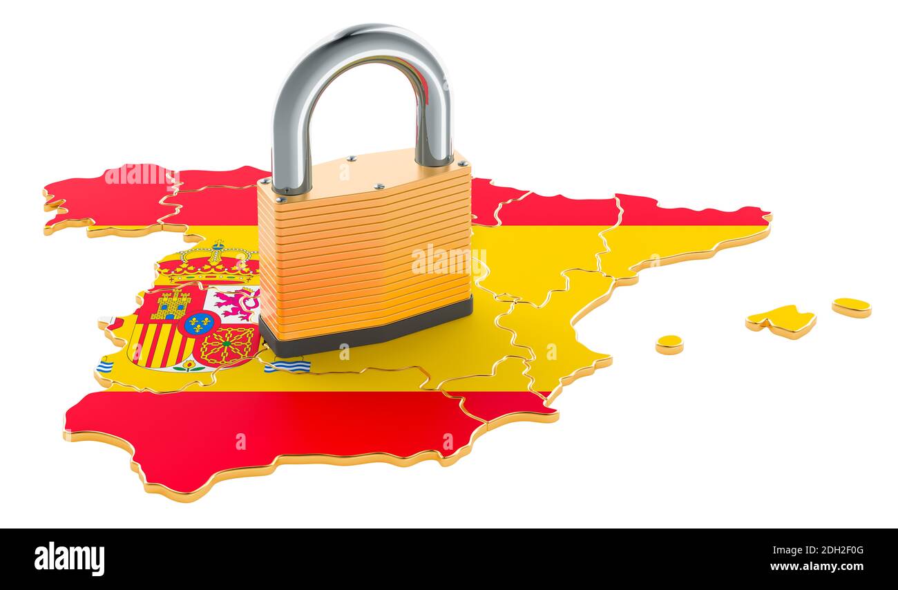 Lockdown in Spain. Padlock with map, border protection concept. 3D ...
