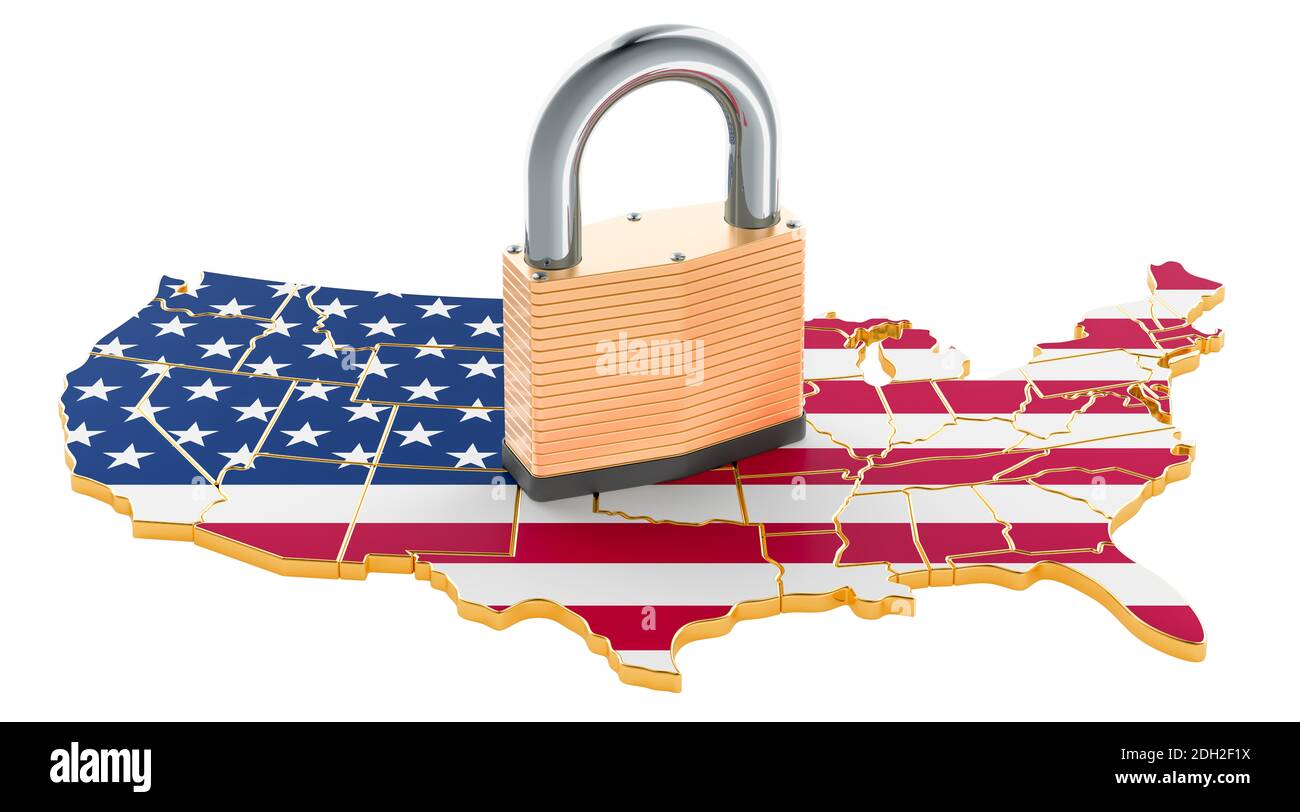 Lockdown in the United States. Padlock with map, border protection ...