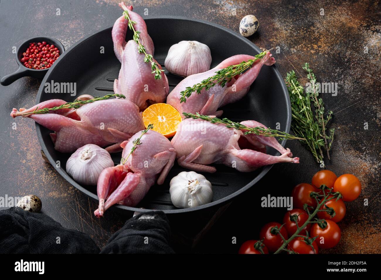 Fresh raw meat quails with herb, on old rustic background Stock Photo ...