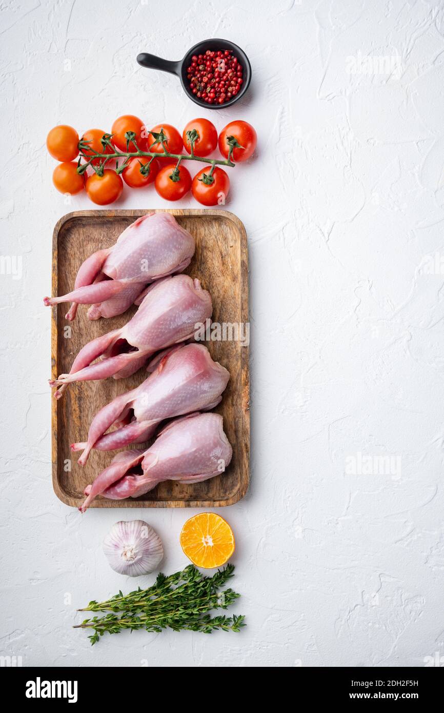 Whole quails meat with spices, herbs, vegetables, top view, on white ...
