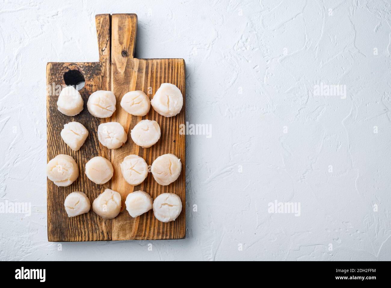 Fresh seafood, scallops meat, flat lay, on white textured background ...