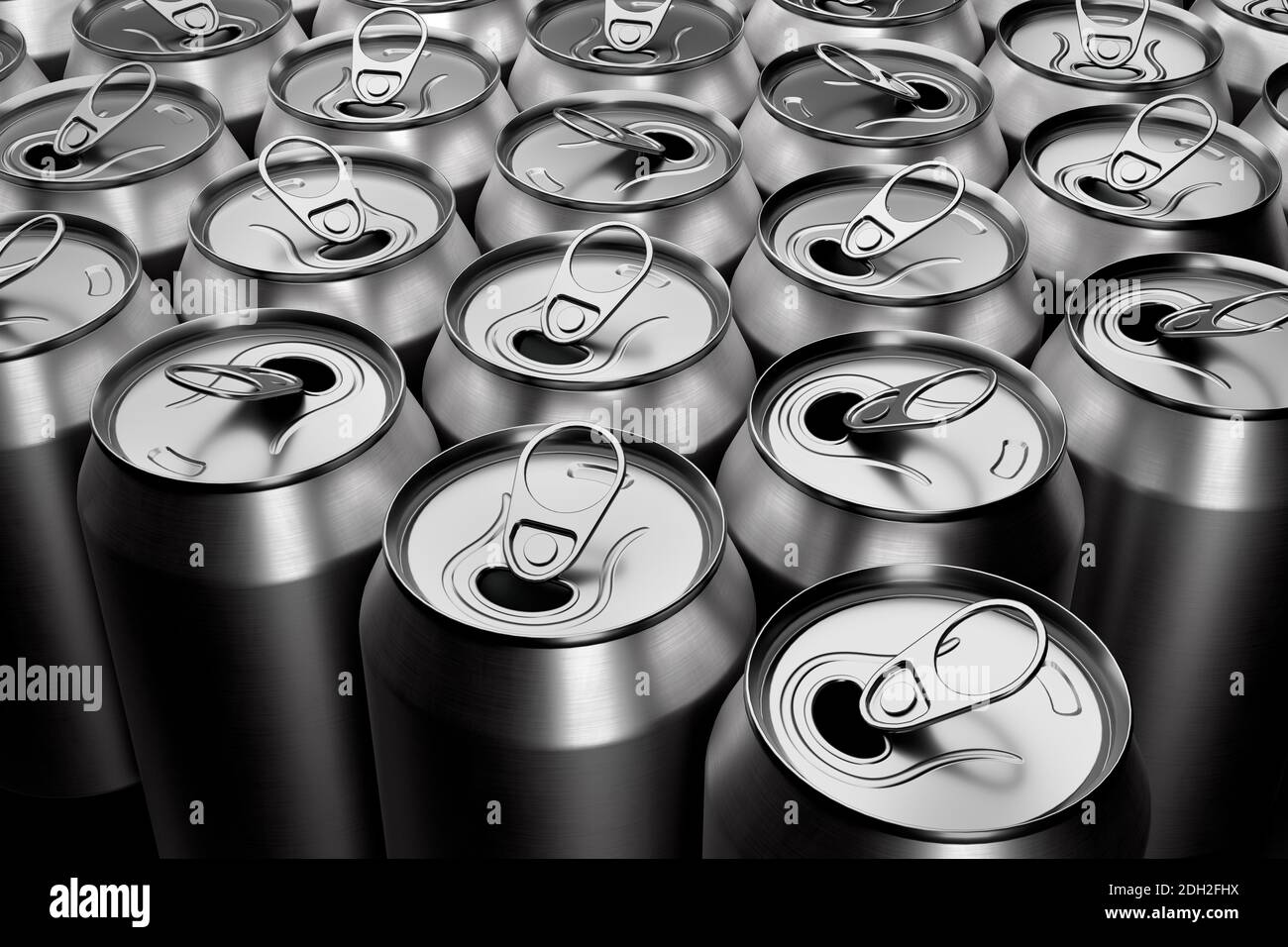 Group of silver recyclable aluminum cans from above closeup full frame ...