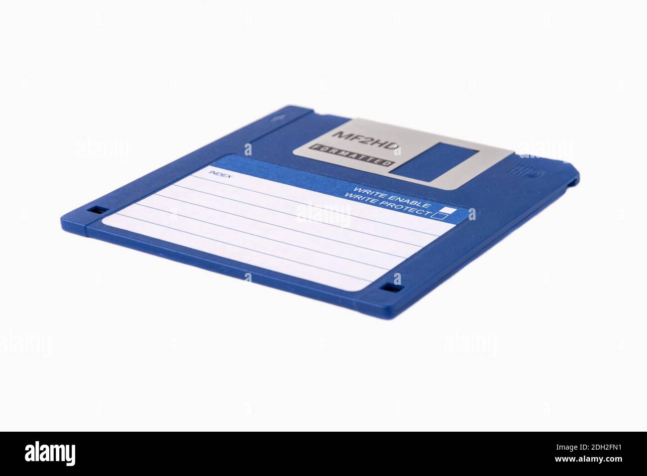 The front of an blue floppy disk, isolated on a white background. Close ...