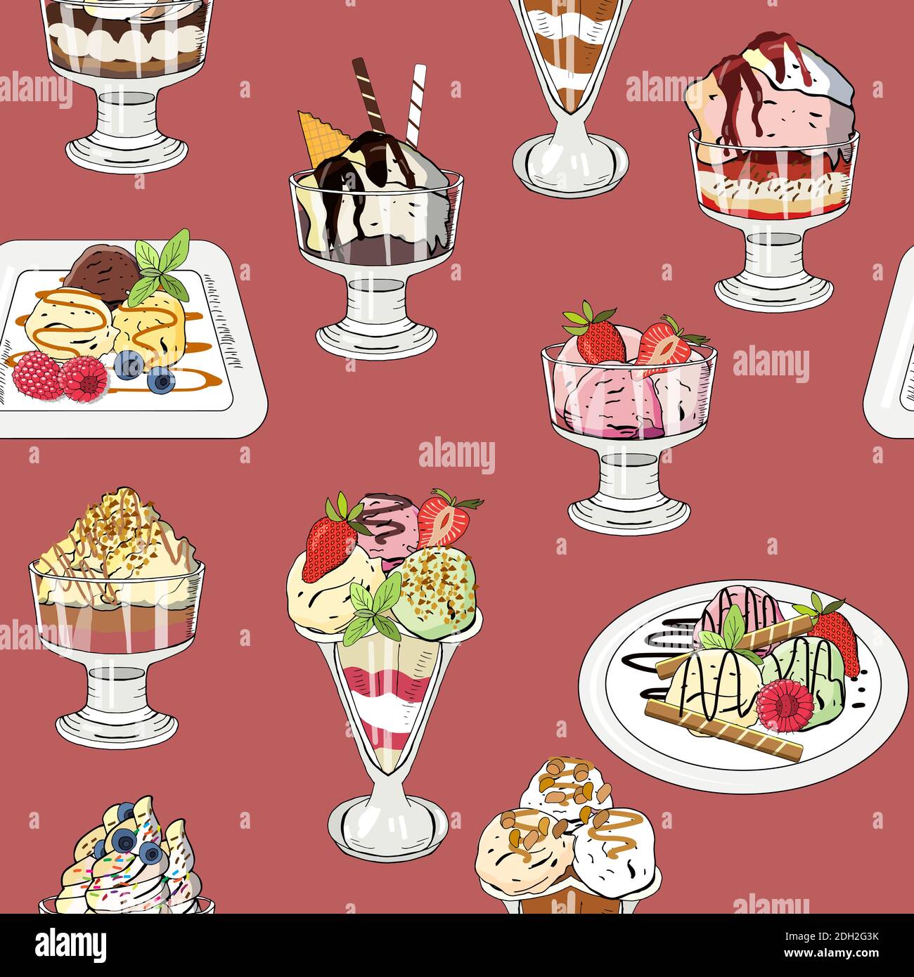 Sweet ice cream seamless pattern. Vector illustration, hand drawn ...