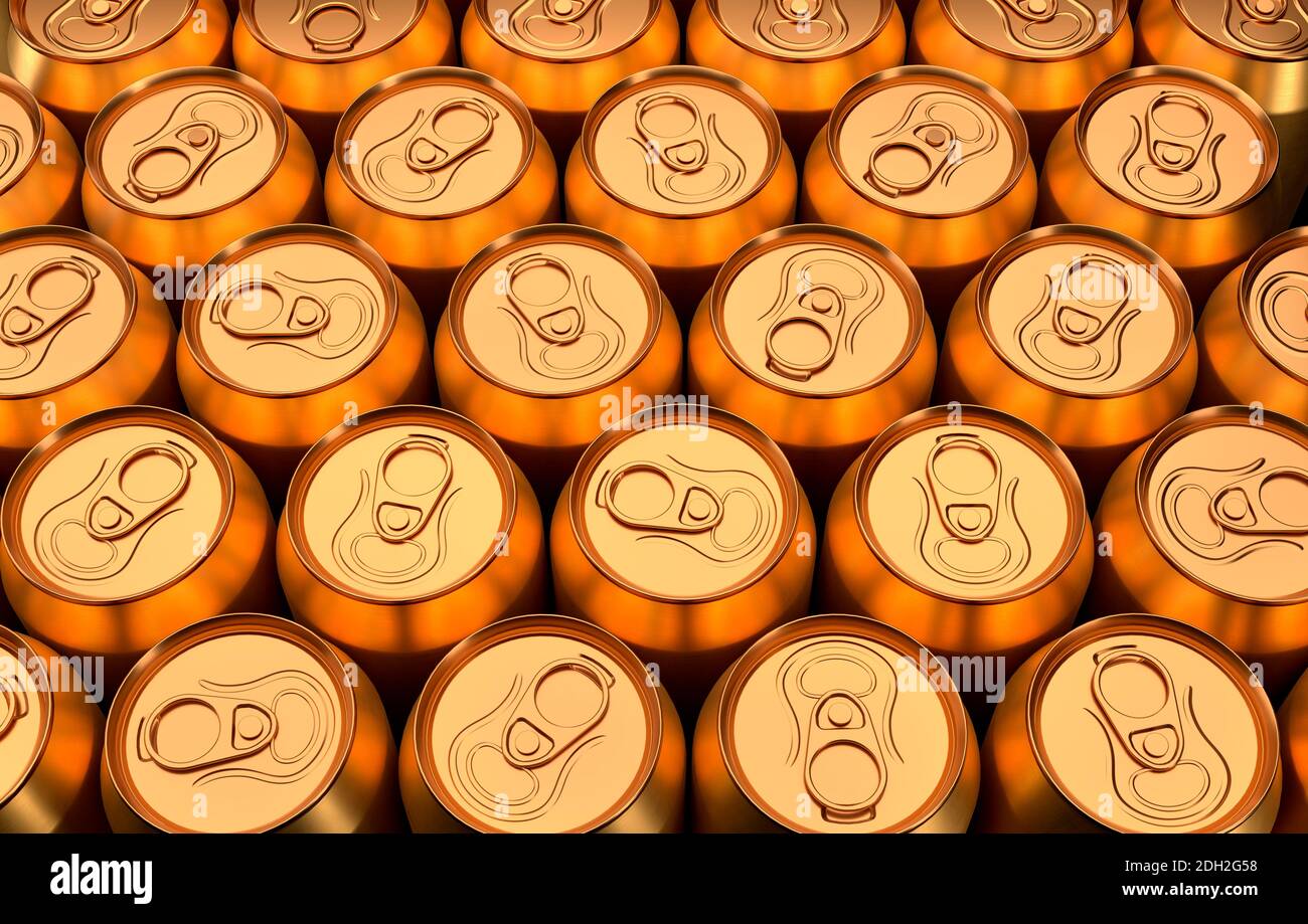 Group of gold premium aluminum energy drink cans from above close up ...