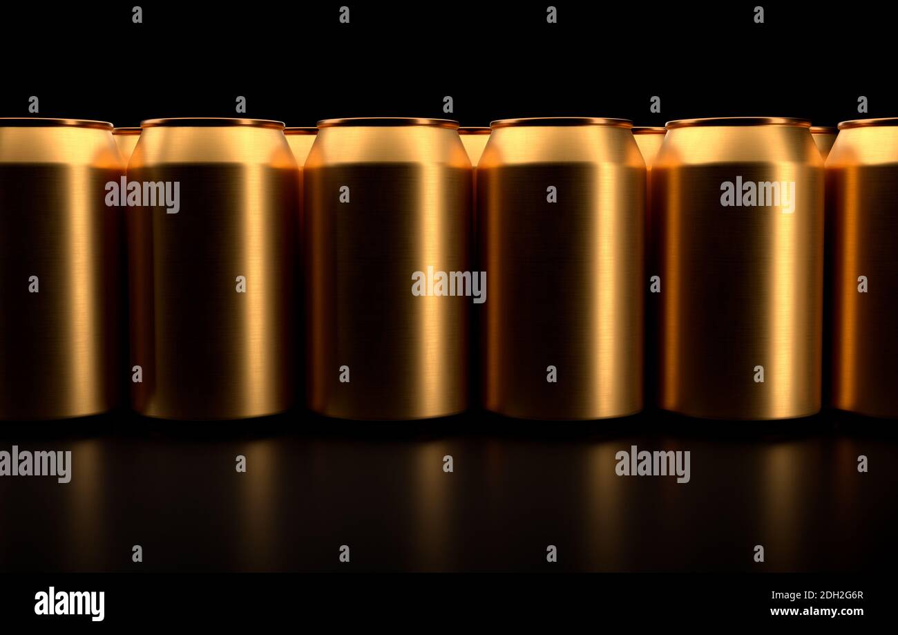 Group of gold aluminum energy drink cans in a row front view Stock ...