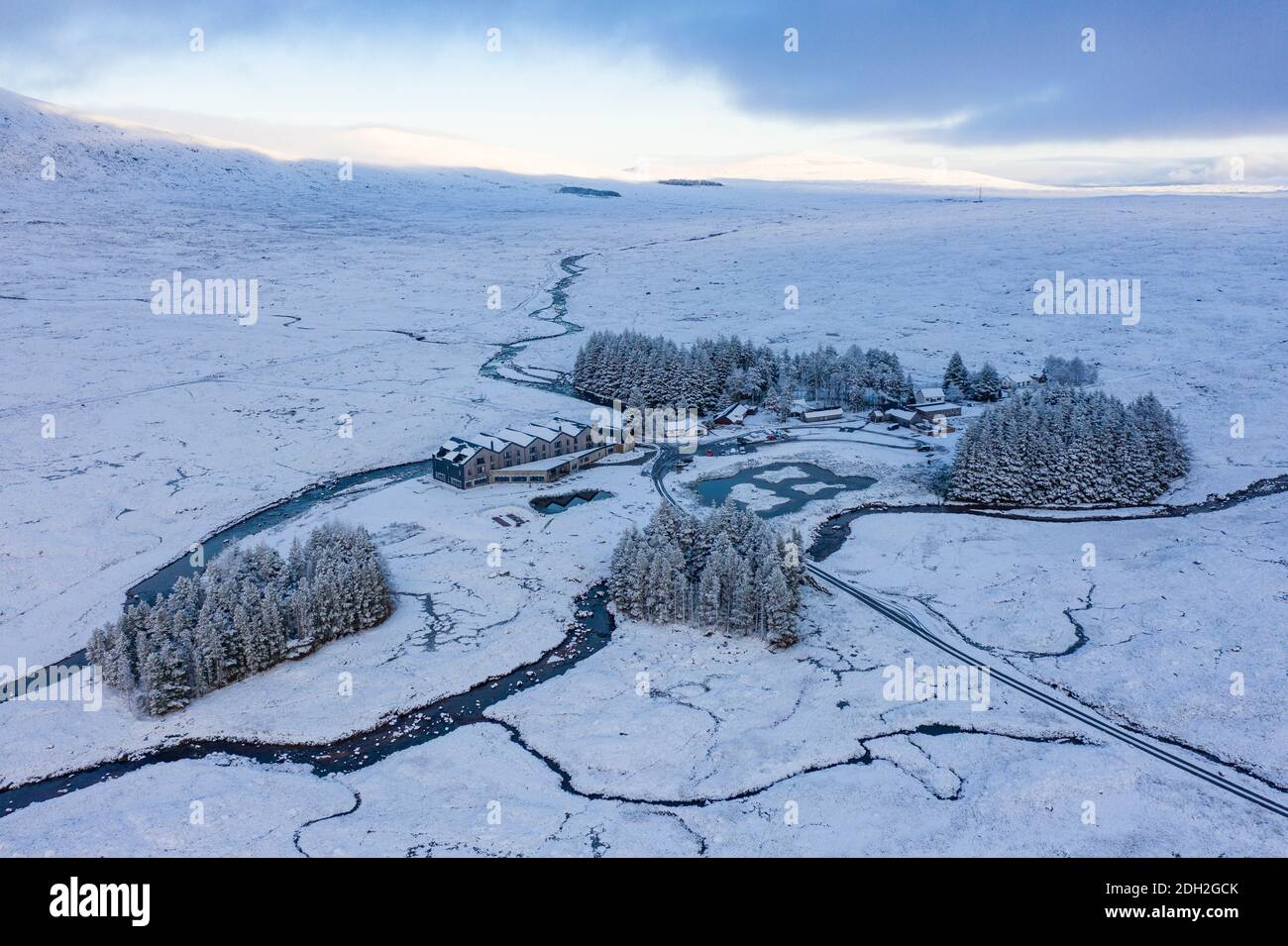 Aerial view of Kingshouse Hotel during snow in winter in Glencoe ...