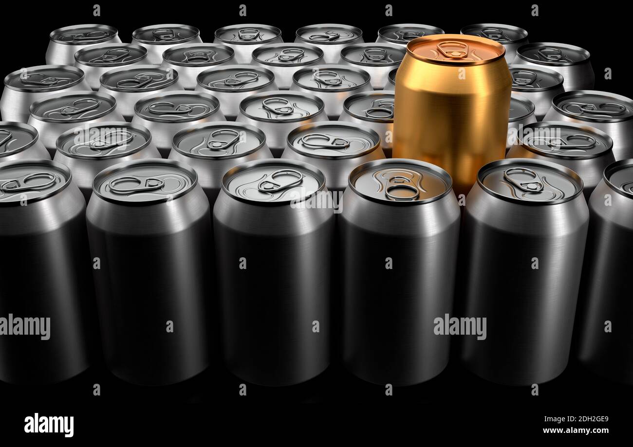 Unique golden can among group of silver recyclable cans cans. View from ...