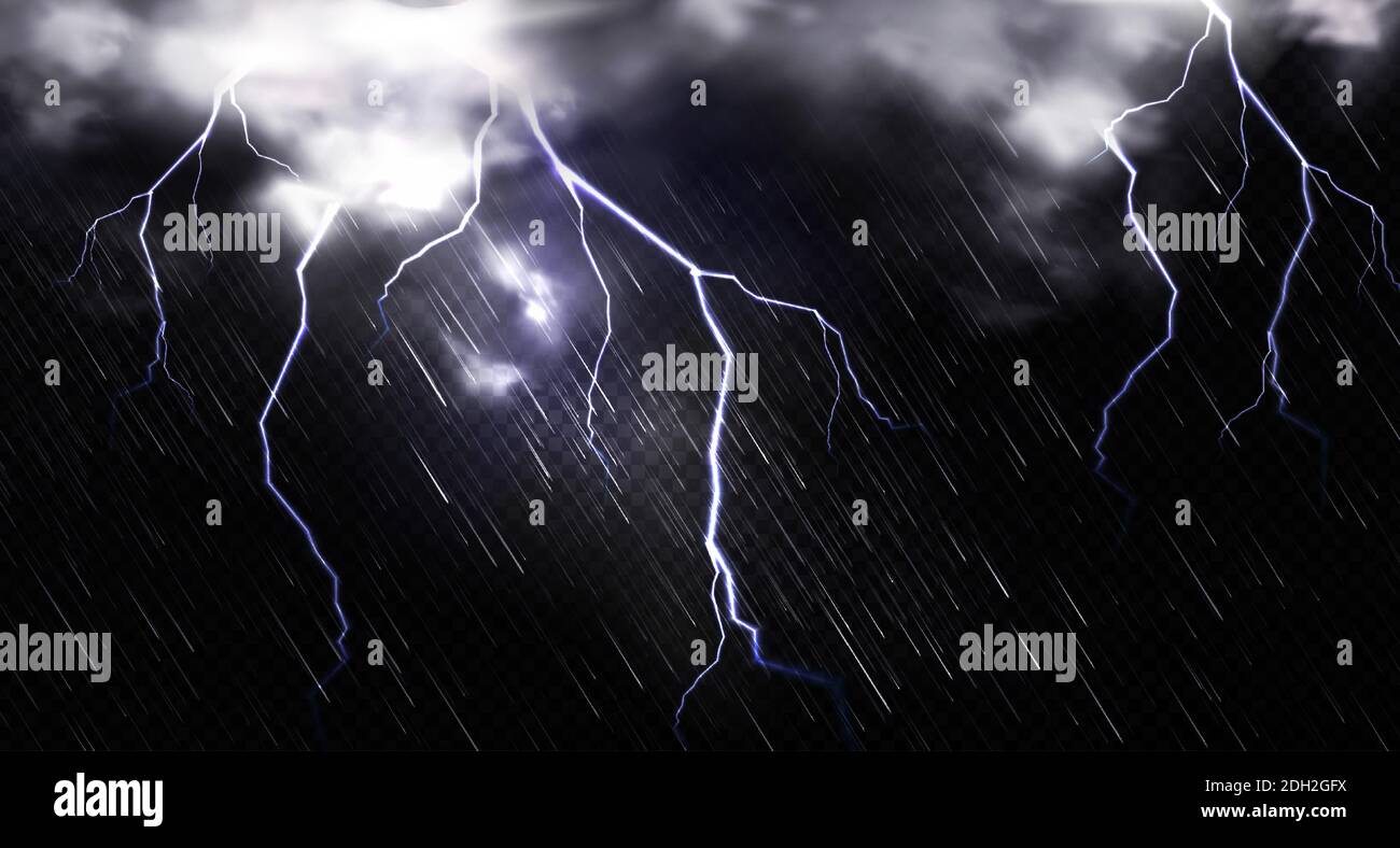 Rain with lightning and clouds in sky at night. Vector realistic illustration of thunderstorm ...