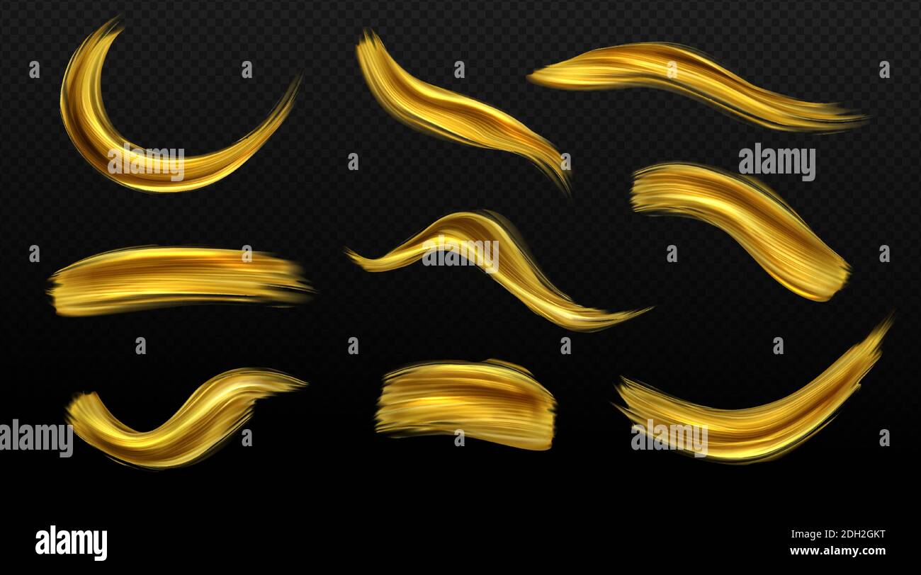 Gold brush strokes, golden paint smears isolated on transparent background. Vector realistic set ...